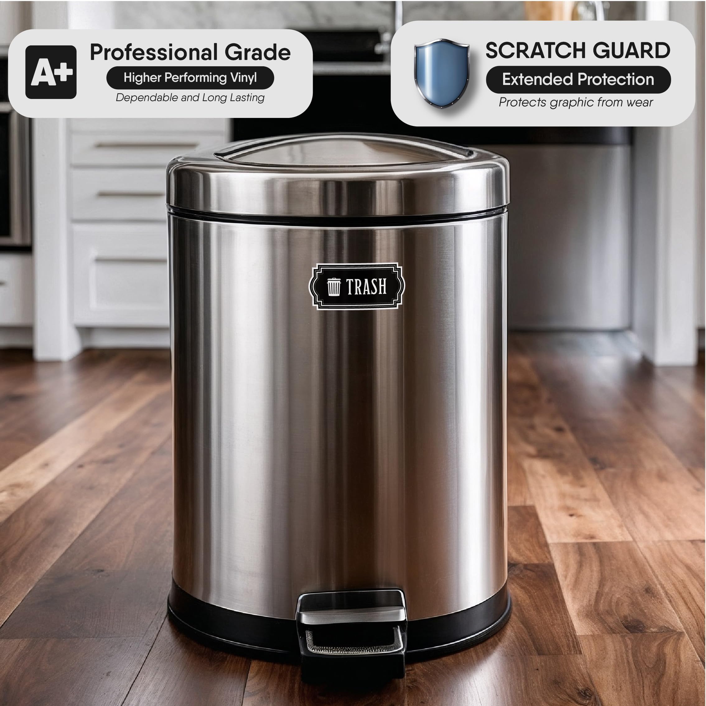 Recycle and Trash Stickers for Trash Cans - Black Premium Vinyl Recycling Bin Labels β 4 Pack - 4.75" by 2.25" Decals Logo - Waste Signs for Home Kitchen or Office Bins Indoor/Outdoor Use