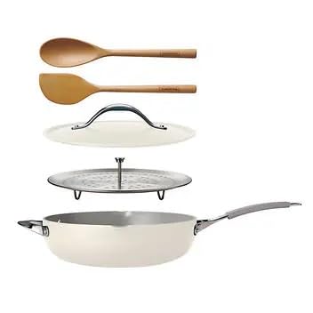 5-Quart All-In-One Ceramic Non-Stick Pan 5-Quart All-in-One Plus Pan is a versatile 5-piece set designed to do multiple things in the kitchen