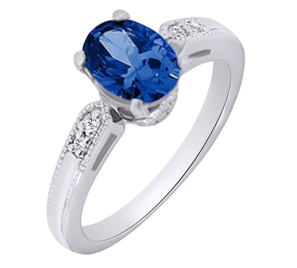 AFFY 1.05 cttw Simulated Blue Sapphire & White Natural Diamond Antique Style Engagement Wedding Ring in 14k White Gold with Ring Size -12