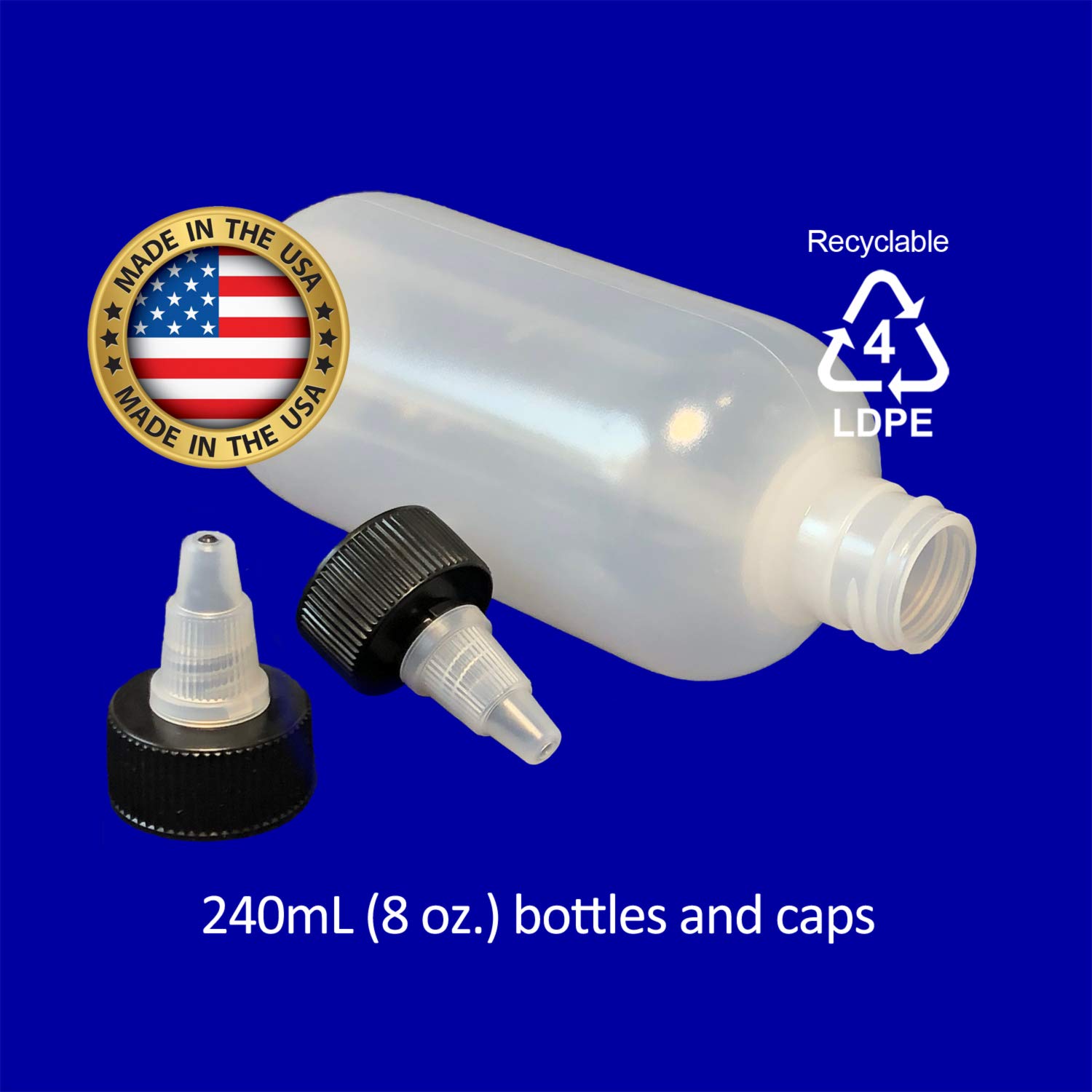 510 Central Twist Top Squeeze Bottles (8oz, 2 Pack) Boston Round with Dispensing Caps - LDPE Plastic - Made in USA