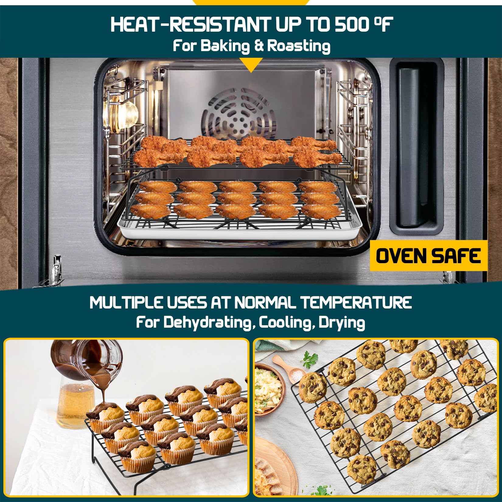 5-Tier Nonstick Cooling Racks, P&P CHEF Stackable Baking Rack Set for Cooking Roasting, Oven Safe & Easy Clean, Stainless Steel Core & Durable, 15β x 10β, Rectangle, Black