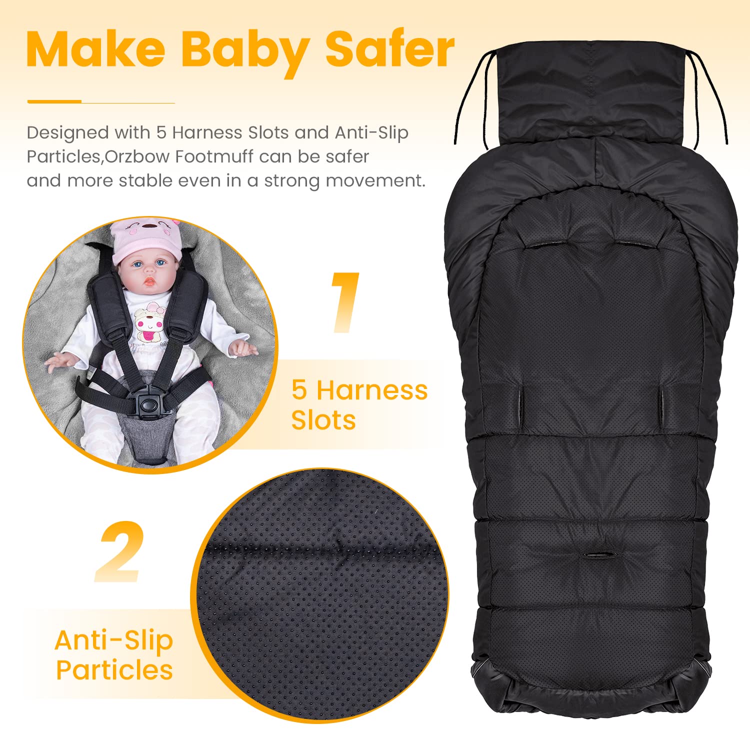 Orzbow Warm Bunting Bag Universal,Stroller Sleeping Bag Cold Weather,Waterproof Toddler Footmuff (Black, Large)