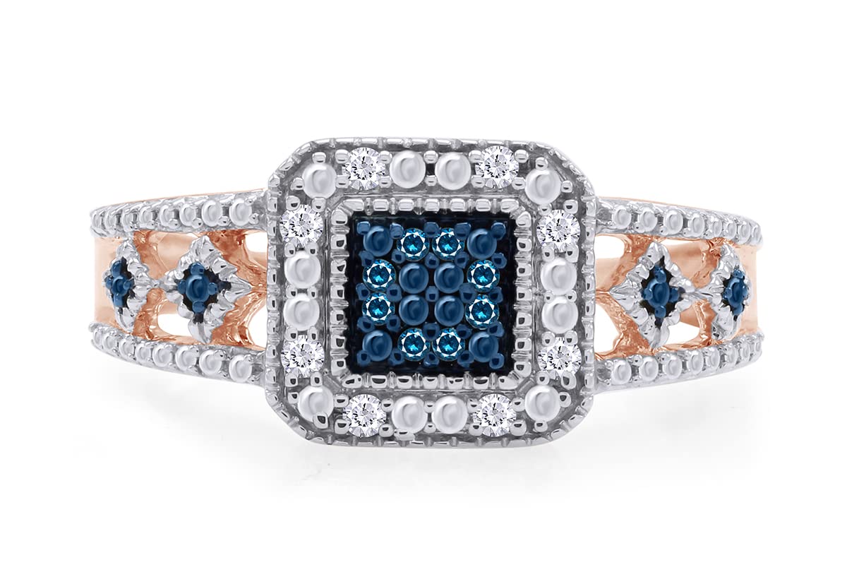 AFFY 1/10 Carat Round Cut Enhanced Blue And White Natural Diamond Square Frame Wedding Band In 14k Rose Gold Over 925 Sterling Silver (Clarity : I2-I3, Color : I-J, 0.10 Cttw) Size -4