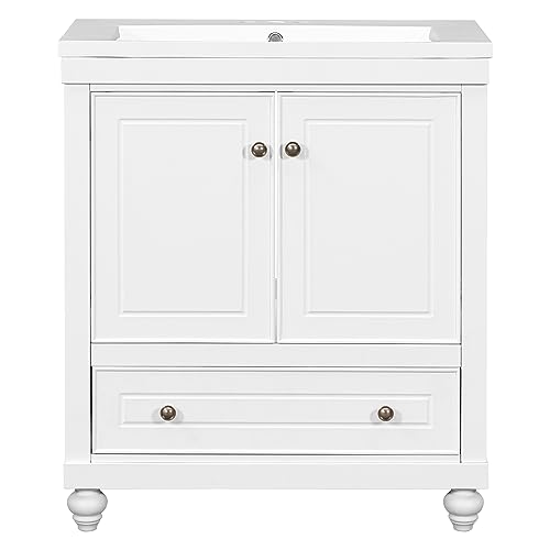 Bellemave 30" Bathroom Vanity with Ceramic Basin Sink, Combo Cabinet Under-Mount Sink, Bathroom Storage Cabinet with 2 Doors and 1 Long Drawer for Bathroom No Mirror (White)