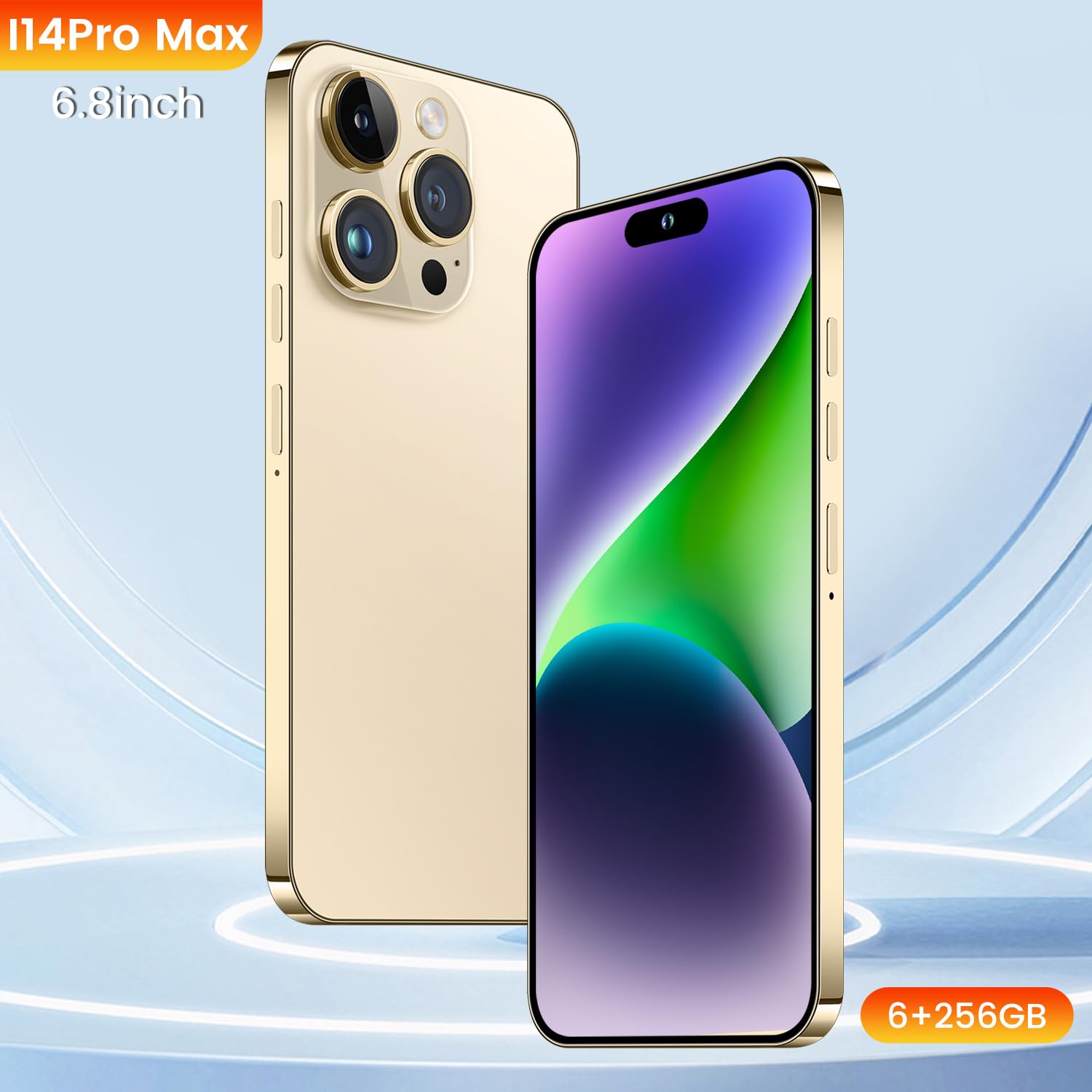 A SLICE RED I14 Pro Max Unlocked Cell Phone,Long Battery Life 6.82" HD Screen Unlocked Phones,Android13 6+256GB Smartphone with 128G Memory Card,Dual SIM/Fingerprint Lock/Face ID/GPS (Gold)