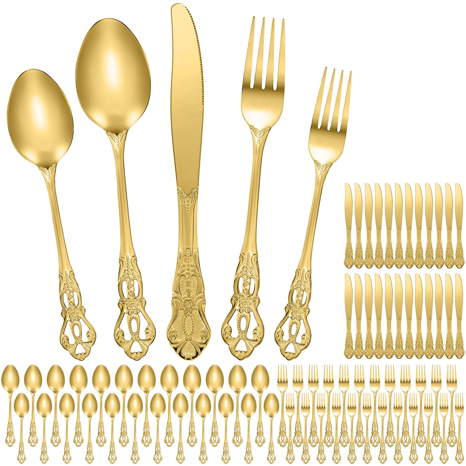 Dandat 120 Piece Generous Stainless Steel Flatware Set Luxury Gold Cutlery Set Service for 24 Vintage Silverware Set Retro Kitchen Utensil Set Include Fork Spoon Knife for Wedding Birthday Party