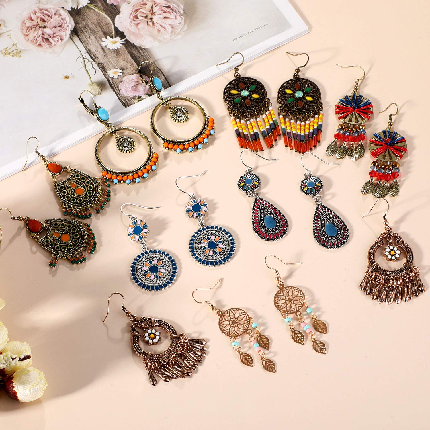 8 Pairs Bohemian Earrings for Women Dangle Earrings Retro Metal Hollow Earrings Boho Hoop Earrings Set (Vibrant Style)