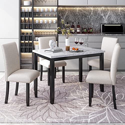 Bellemave Dinner Table Set for 4 5 Piece Dining Table Set Faux Marble Modern Kitchen Table and Chairs Dining Room Sets for 4 Rectangular Table with Chairs Dinette Set for 4, White/Beige+Black
