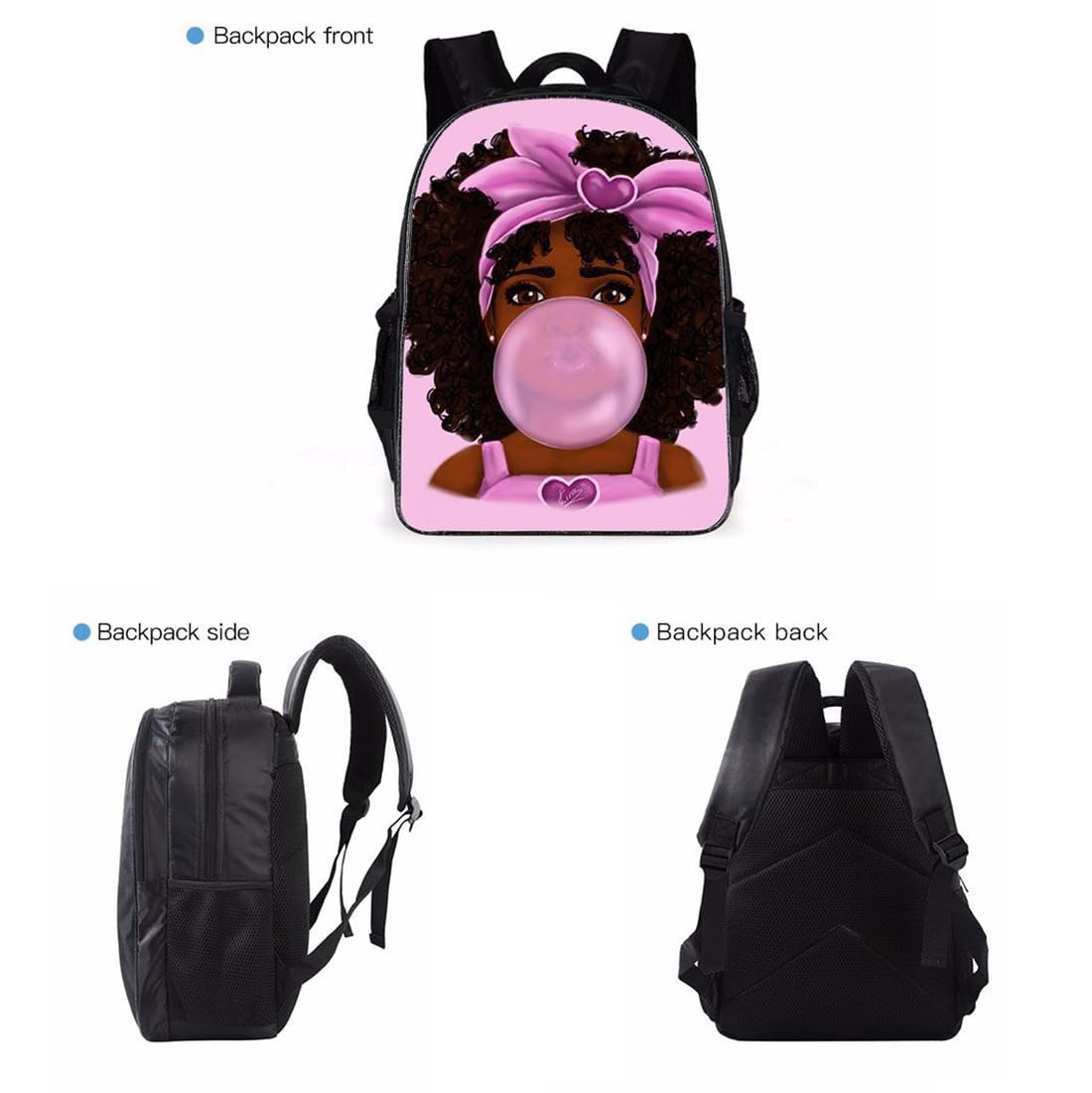 AHHXQQN African girl three piece backpack set cute black girl backpack suitable for teenage female students 16 inches