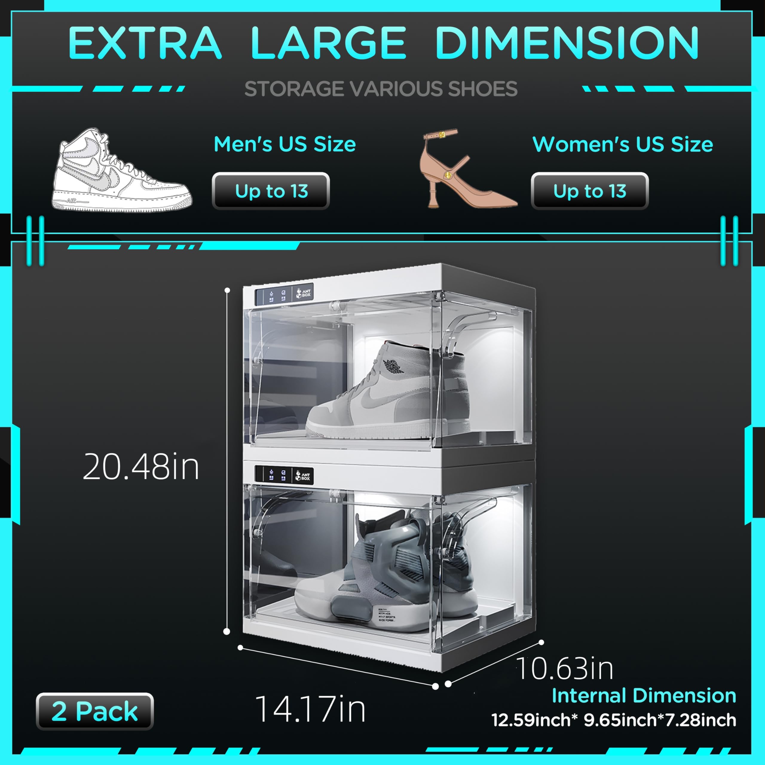 ANTBOX Shoe Organizer LED Smart Control,Auto-Shoe Boxes Clear Plastic Stackable for Sneaker Display Case and Collection Crate,Auto-Opening Shoe Storage Box (2pack) White