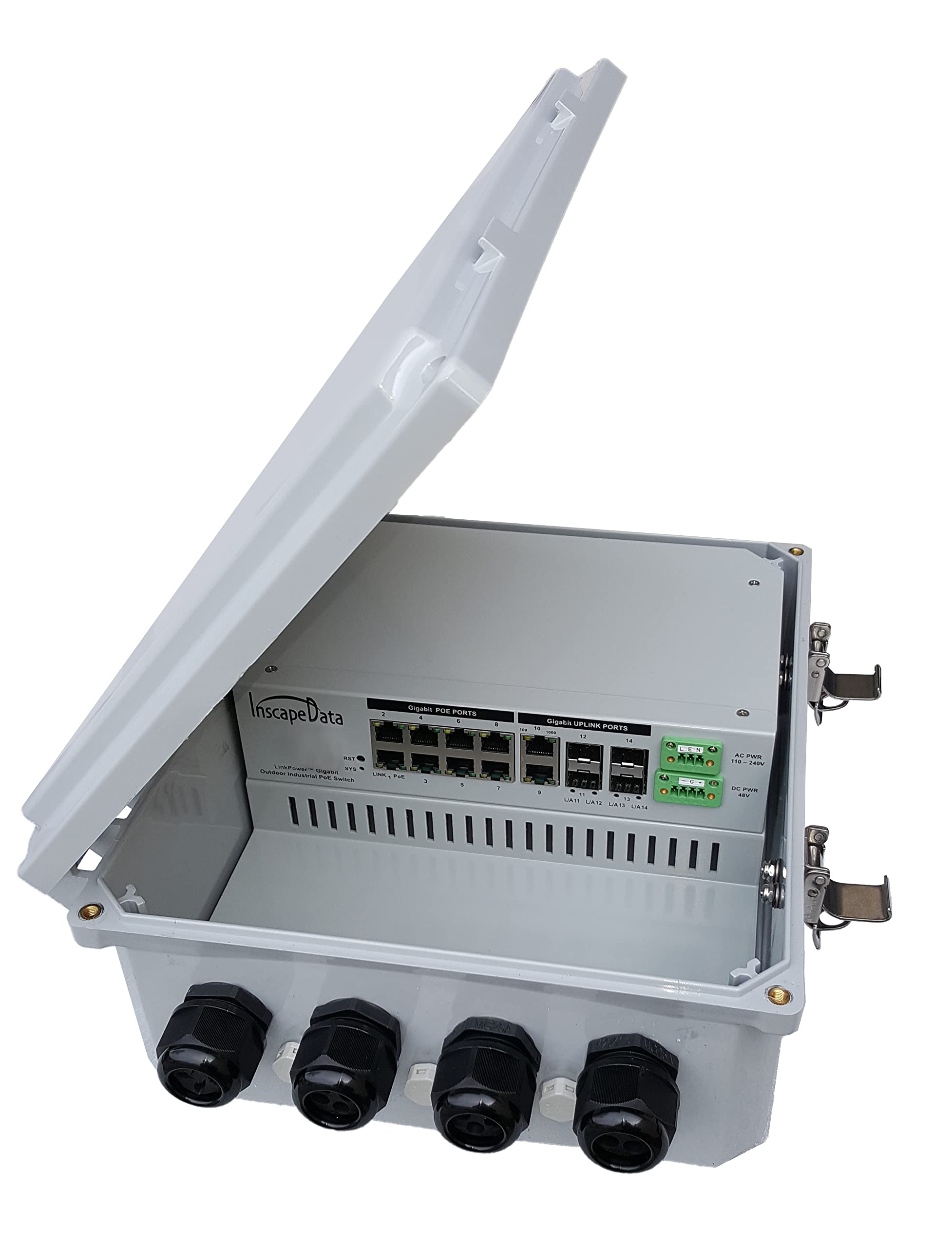 Inscape Data Managed IP68 Outdoor PoE Switch, LPS3800ATM-T1, 14-Port Gigabit, 2X Gigabit RJ45, 4X SFP Fiber Uplink, IEEE 802.3af/at, 240W,