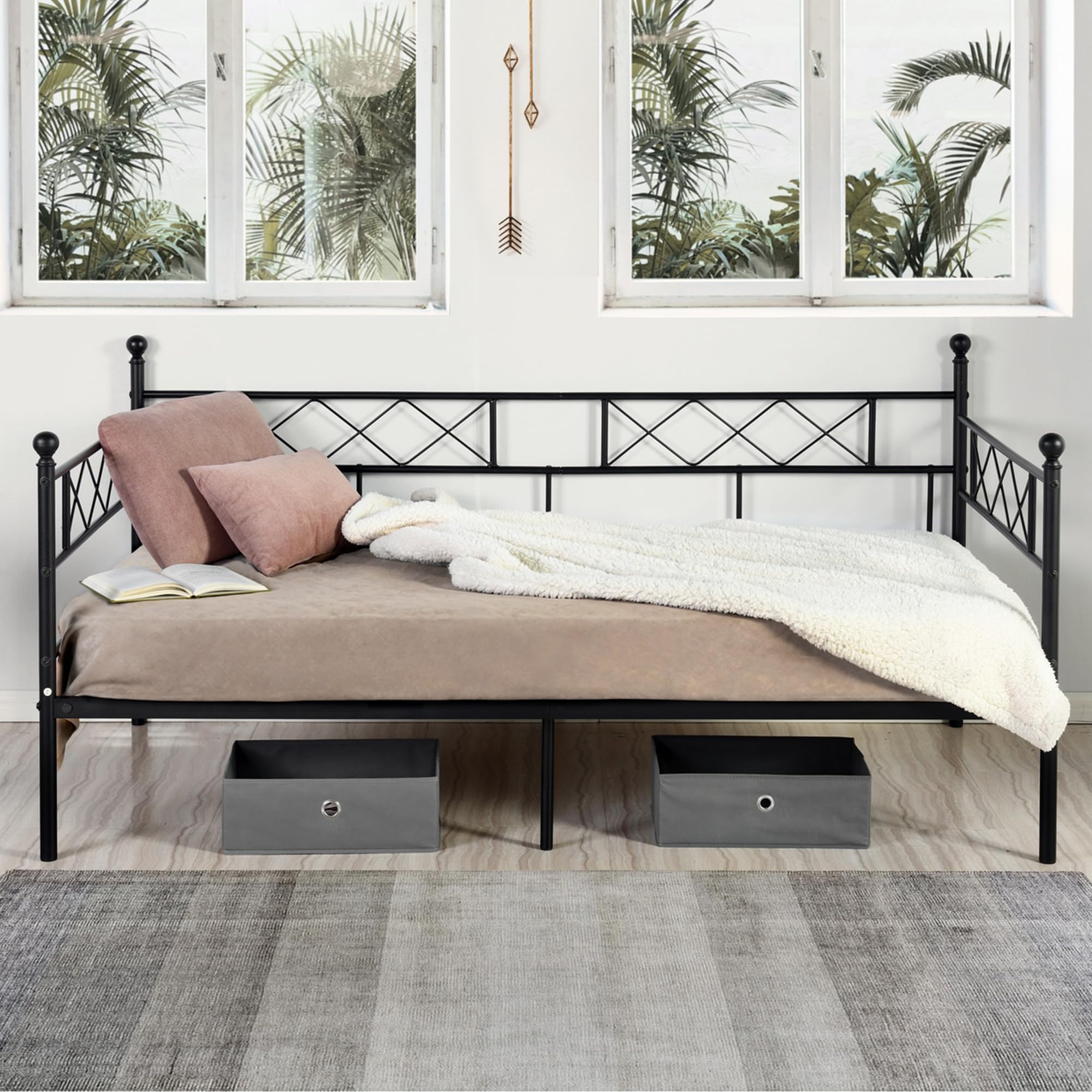 Twin Size Daybed Frame, No Box Spring Needed Day Bed Fram, Twin Bed Frames Metal Sofa Bed for Living Room Guest Room Apartment, Black