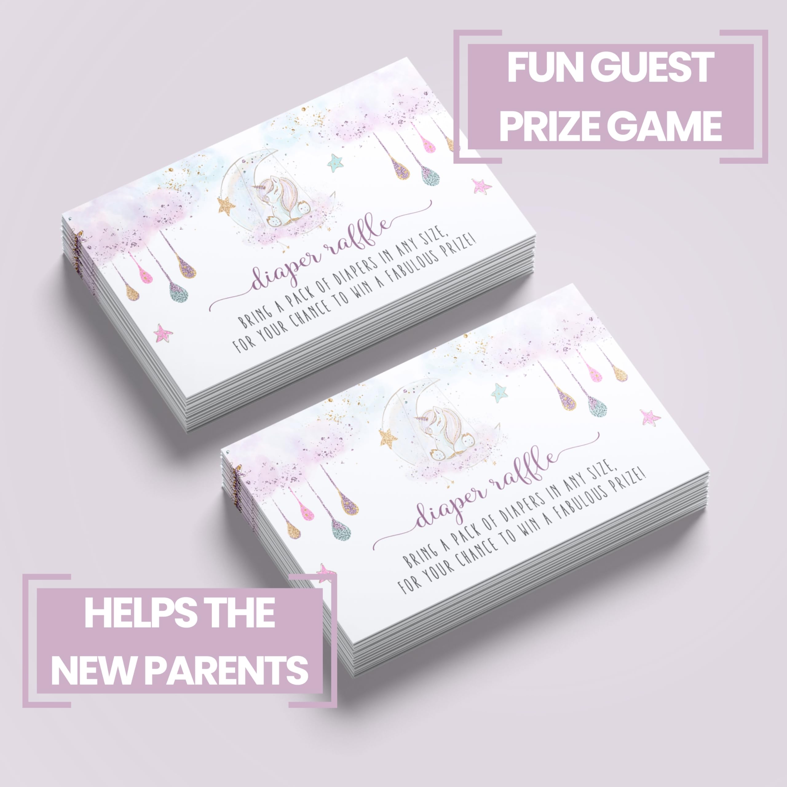Unicorn Diaper Raffle Tickets, Girls Baby Shower Games for Prizes, Baby Shower Diaper Raffle Invitation Insert Cards, 25 Pack