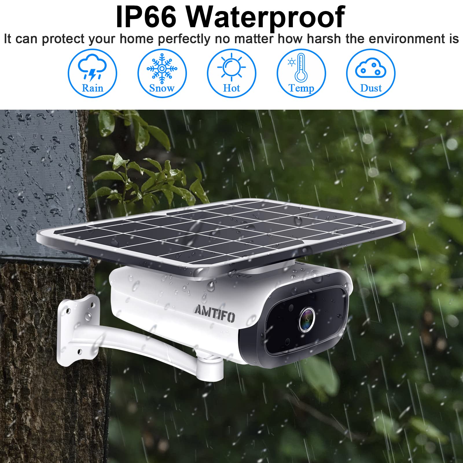 AMTIFO Security Cameras Wireless Outdoor Home Motion Detection Solar WiFi Surveillance Camera System Two Way Audio HD 1080P Video Cam Battery Night Vision W6