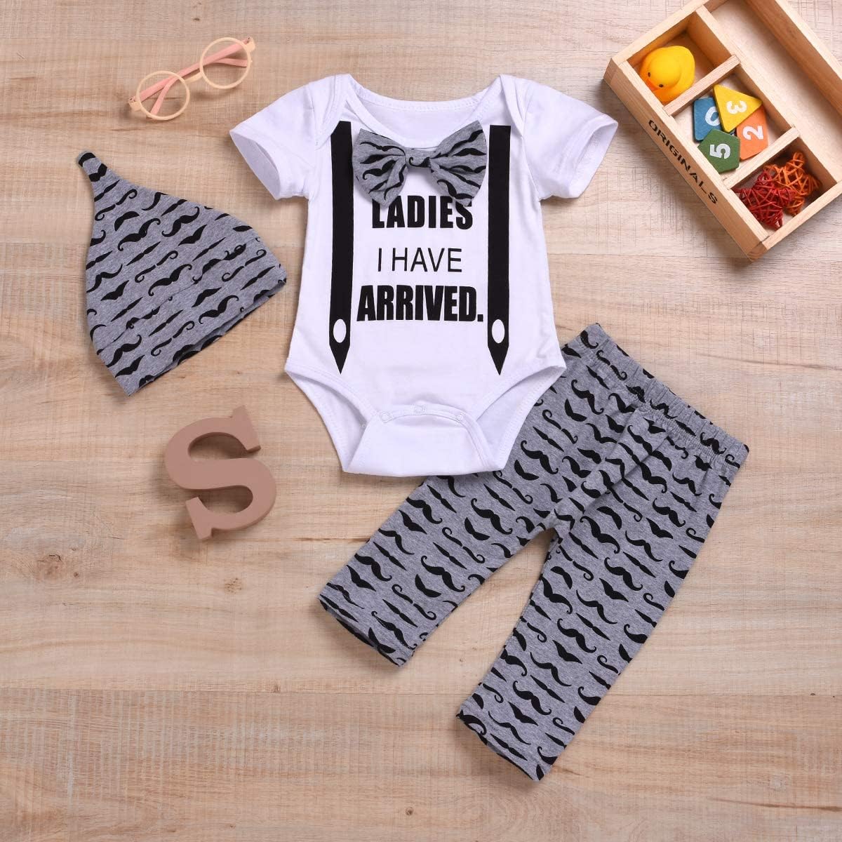 Kashoer 3Pcs Newborn Baby Boy Girls Bowtie Letters Romper Suit+Long Moustache Pant+Hat Kid Playsuit (White, 0-3Months)