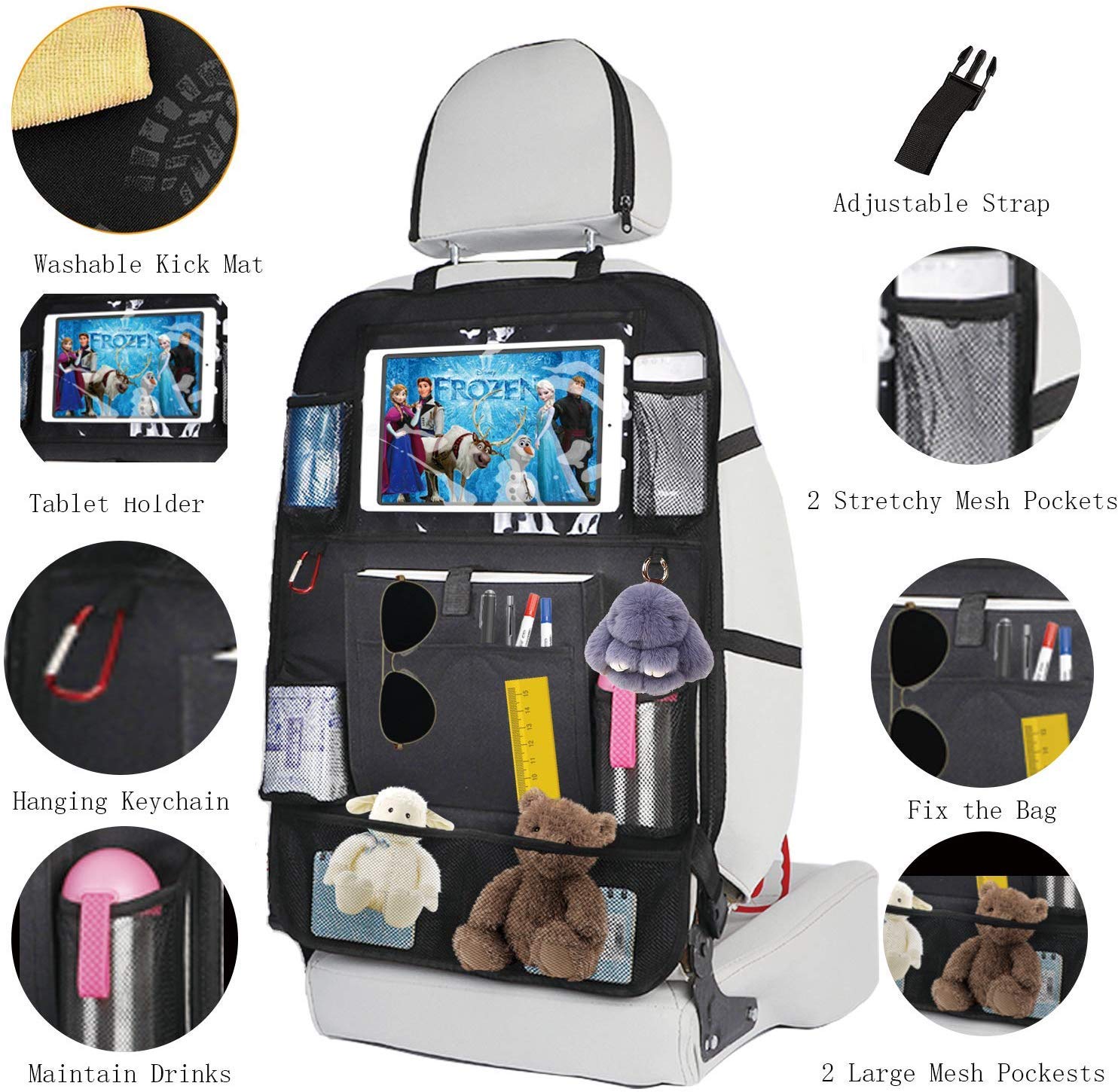A-code Set 1 Pack Backseat Car Organizer, Kick Mats Car Back Seat Protector with 11" Clear Tablet Holder and 9 Storage Pockets for Kids Toys Book Drinks (1)