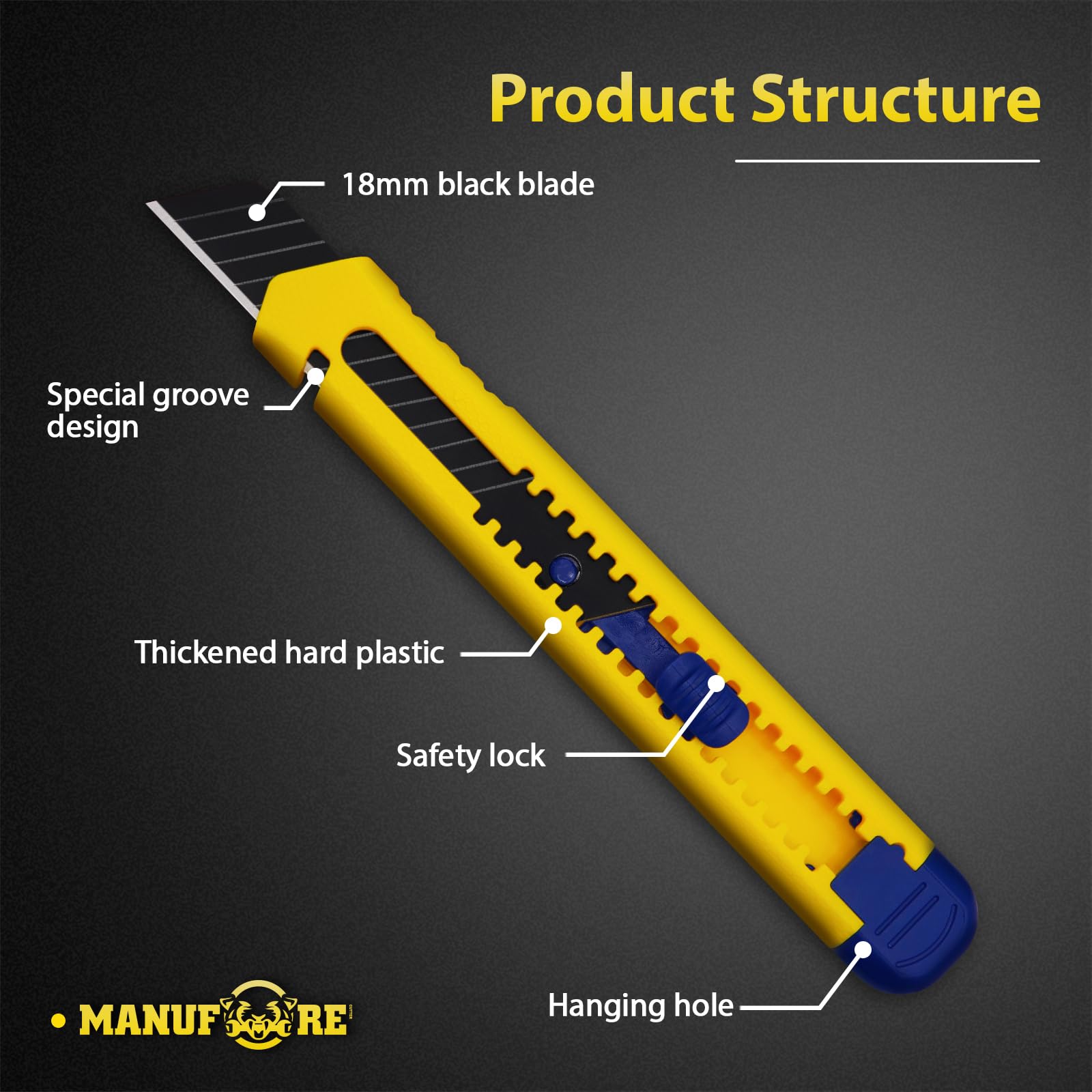 MANUFORE 12Pcs 18mm Utility Knife with 10pcs blades, Snap-off Retractable Knife Box Cutter for Cutting Paper, Carpet, Cardboard