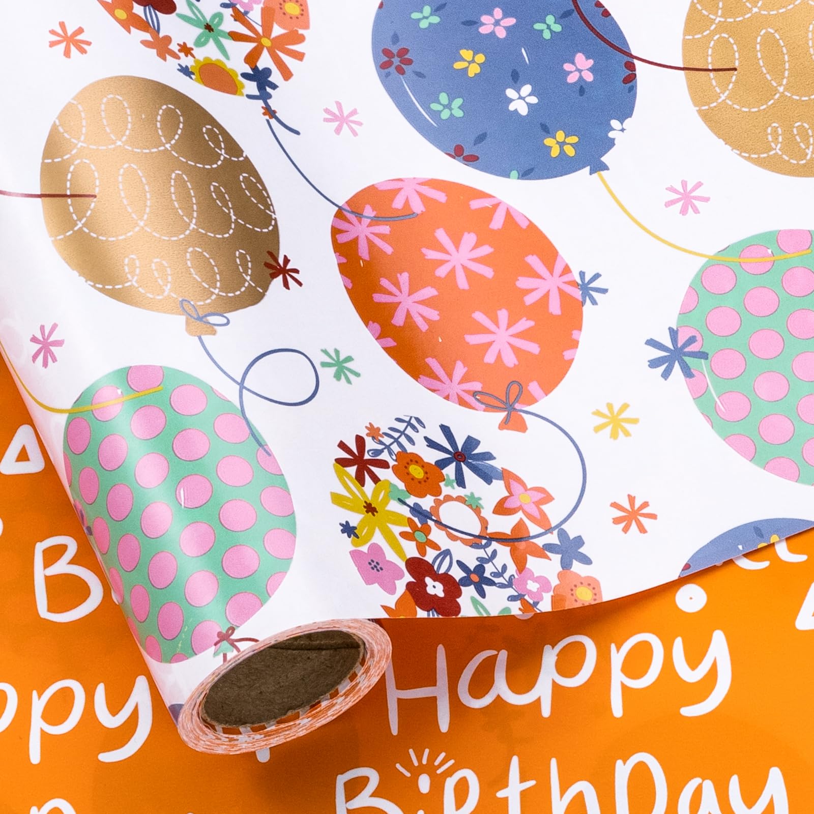 LeZakaa Reversible Birthday Wrapping Paper Roll - Flower Balloon & Happy Birthday Lettering - 17 inches x 32.8 Feet (46.45 sq.ft.)