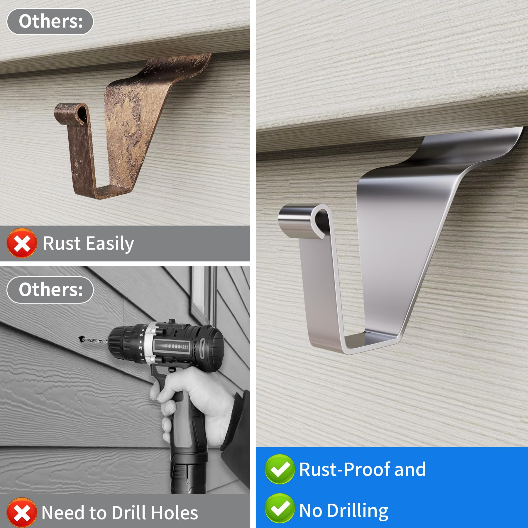 Amuille 20 Pack Vinyl Siding Hooks, No Hole Siding Hanging Hangers, Heavy-Duty Stainless Steel Vinyl Siding Hanger, Reusable Siding Clips for Hanging Holiday Decorations, Plaques, String Light