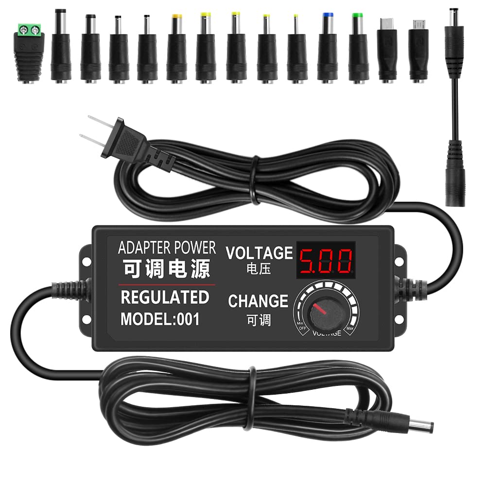 GMJYC 72W Universal Adapter 3V-24V Adjustable Multi Voltage Power Supply 120-240V AC to DC 5V 6V 9V 12V 15V 19V 3A with LED Display 14 Tips & 1 Polarity Converter for LEDs Motors Monitors CCTV DC Pump