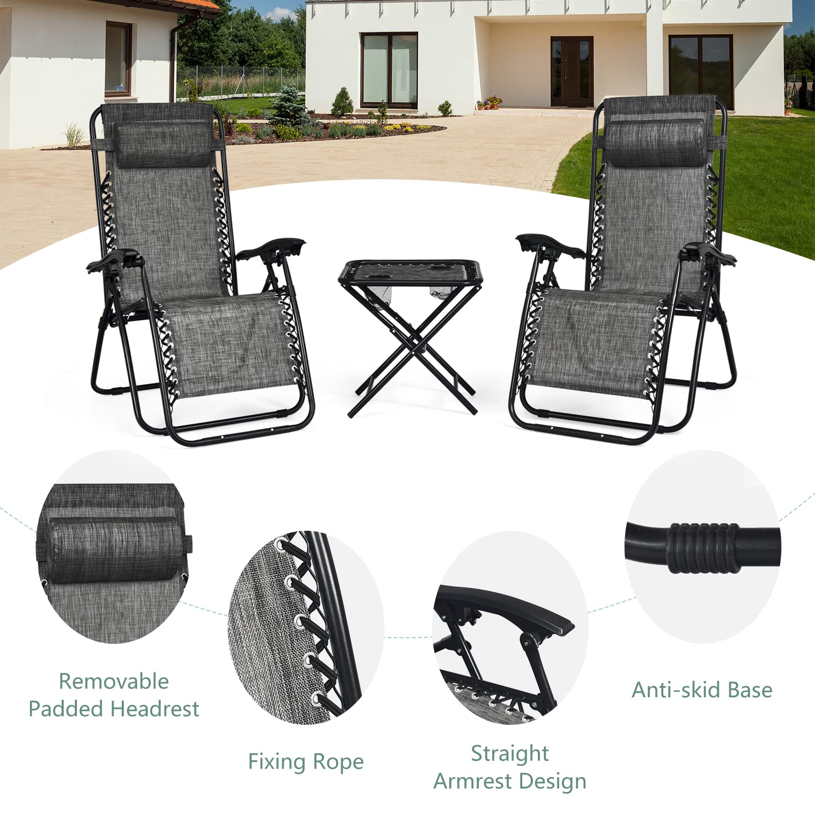 HAPPYGRILL Zero Gravity Lounge Chairs Set with Coffee Table, Folding Reclining Chairs with Side Table and Pillow, 3 Pieces Adjustable Patio Lawn Recliner Set for Outdoor Garden Camp Travel