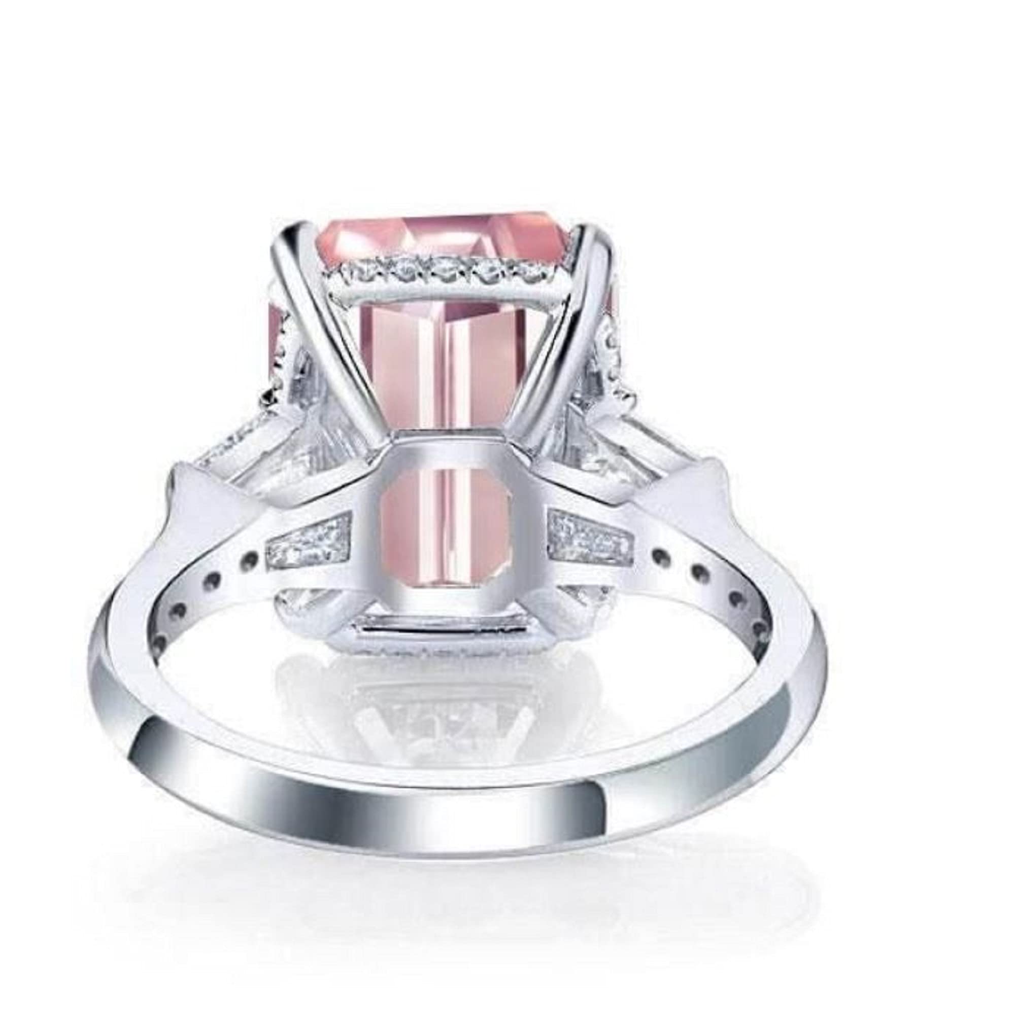 5 Ct Emerald Cut Created Pink Sapphire & Baguette Cut Created Diamond Three Stone Engagement Ring 14k White Gold Plated 925 Sterling Silver (5.5)