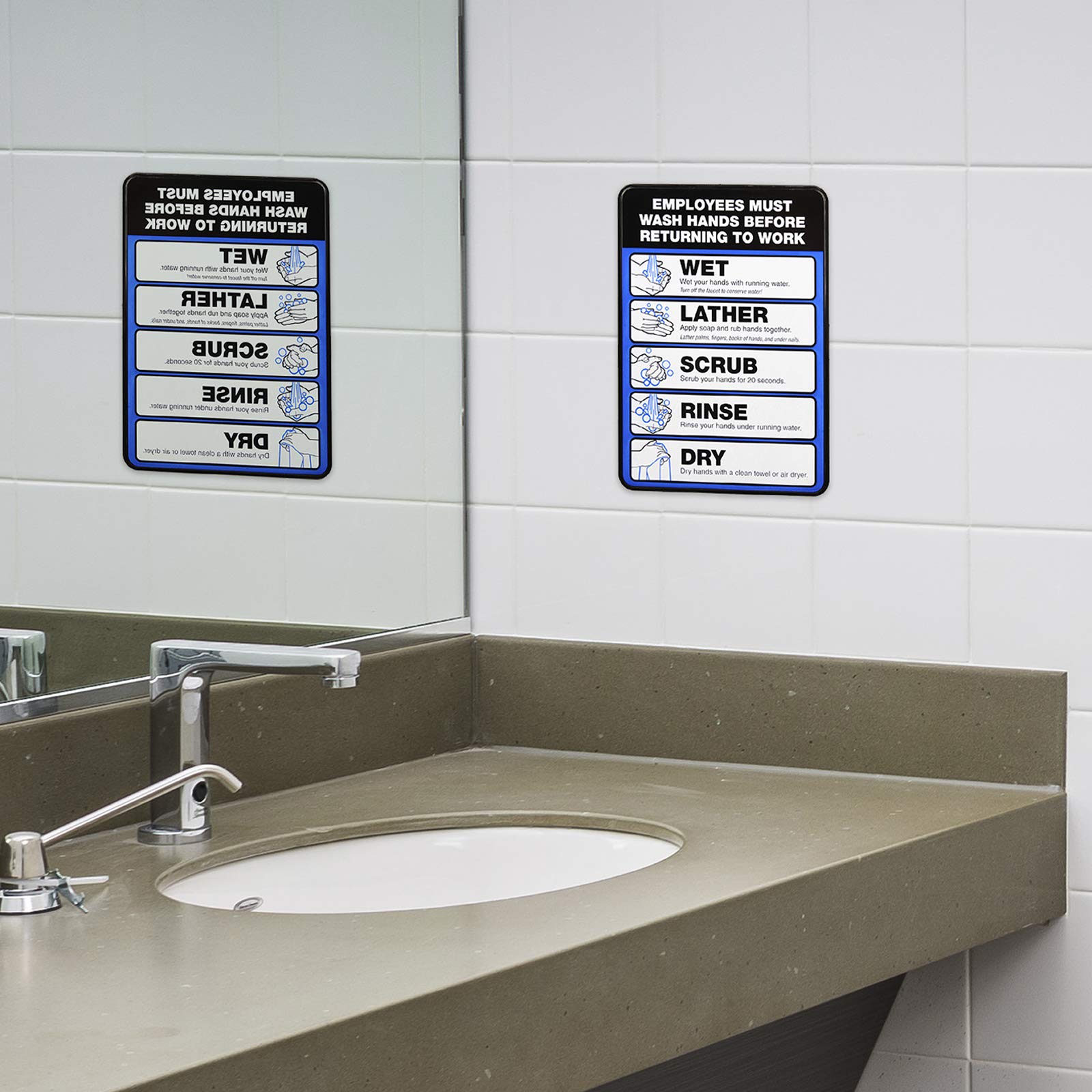 Excello Global Products Employee Must Wash Hand Sign: 5"x7" Plastic Sign for Businesses with Easy Mount Adhesive Strips (Pack of 2)