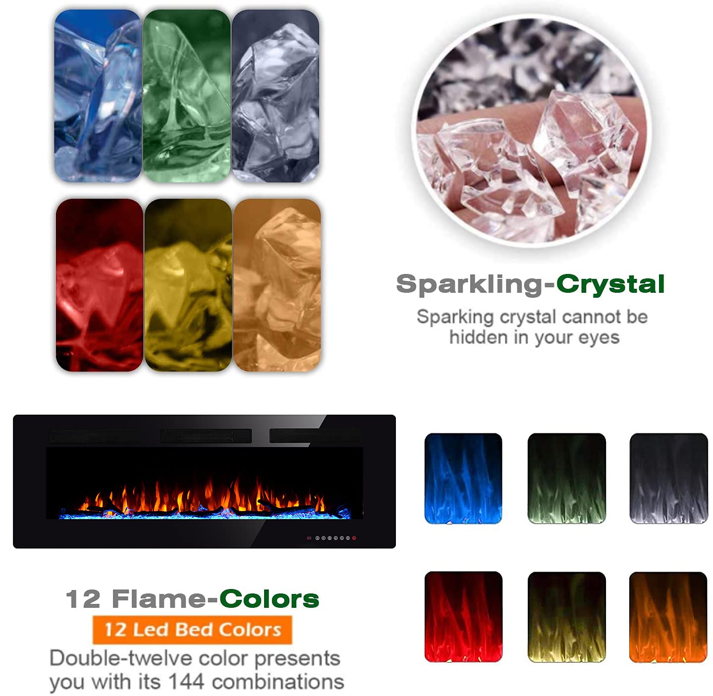 60 inch Electric Fireplace Wall Mounted Led Wall Fireplace Drifting Fireplace Recessed Electric Fireplace Inserts, Adjustable Flame Color Electric Fireplace