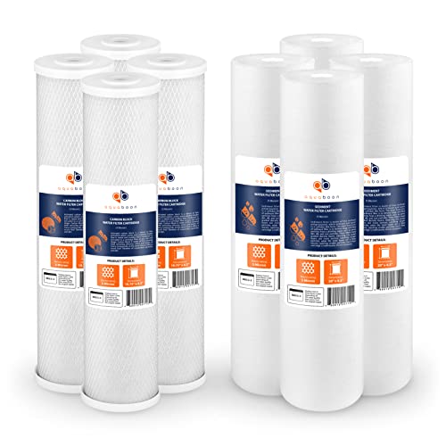 Aquaboon 5 Micron 20 x 4.5 Water Filter - Carbon Block & Sediment Filter Cartridges Set (8-PACK) for 20-inch Water Filter Housings - Fits BLUONICS BLCTO20X4, PP-20B4, Pentek 155358-43, EP20-BB