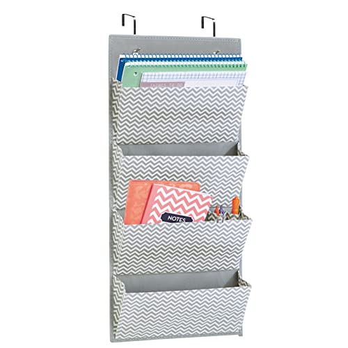 mDesign Soft Fabric Wall Mount/Over Door Hanging Storage Organizer - 4 Large Cascading Pockets - Holds Office Supplies, Planners, File Folders, Notebooks - Chevron Zig-Zag Print, 2 Pack - Gray/Cream