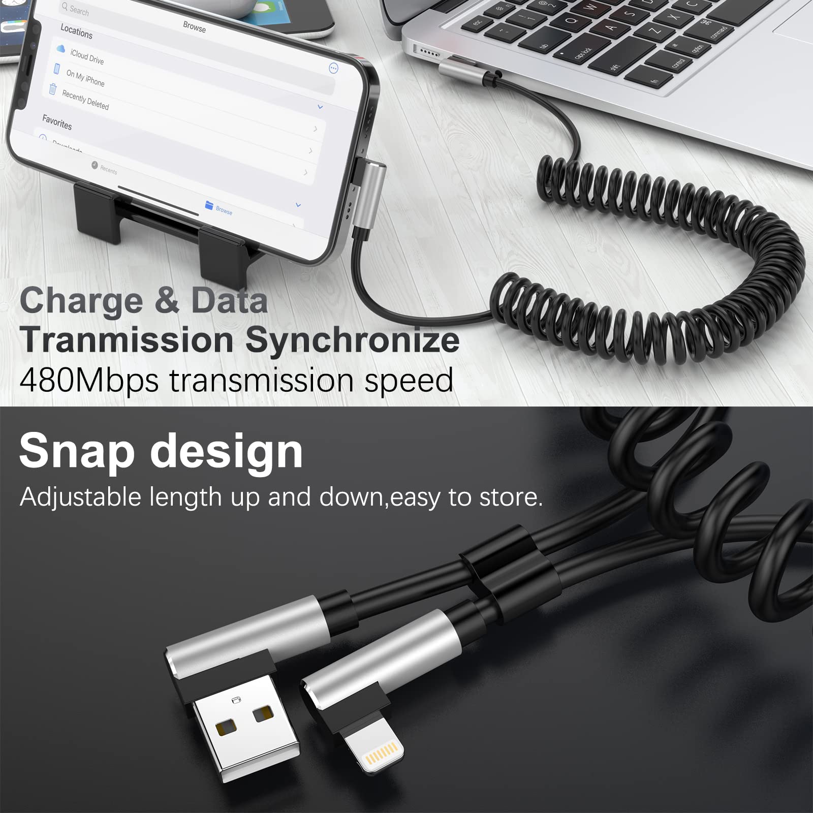 90 Degree Apple Carplay Cable [2 Pack],Right Angle Coiled iPhone Charger for Car [Mfi Certified & Data Sync] Coiled Lightning Cord for Iphone14/13/12/11pro Max/Xs Max/Xr/Xs/X/8/7/Plus/6s Ipad/iPod