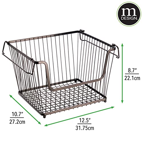 mDesign Stackable Metal Basket for Kitchen Storage - Large Wire Farmhouse Bin Basket w/Handles for Pantry - Stacking Wire Basket Organizer for Food, Drinks - Hyde Collection, 3 Pack, Bronze