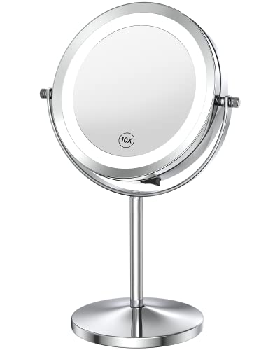 Benbilry Makeup Mirror Vanity Mirror with Lights, 1X/10X Magnifying Swivel Vanity Mirror, Lighted Makeup Mirror, Battery Operated, 7 Inch Portable Cordless LED Makeup Mirror, Women Gift (Silver)