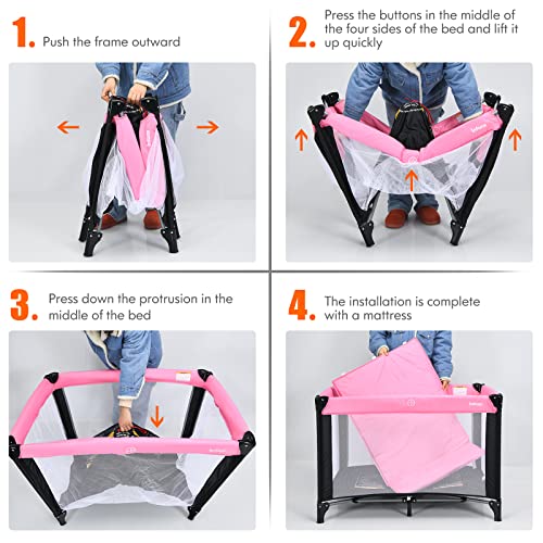 INFANS Pack and Play, Portable Playard with 50pcs Ball Pit Balls Carry Bag, Breathable Mattress, Washable Sheet Cover, Easy Folding Baby Crib Playpen Activity Center (Pink)