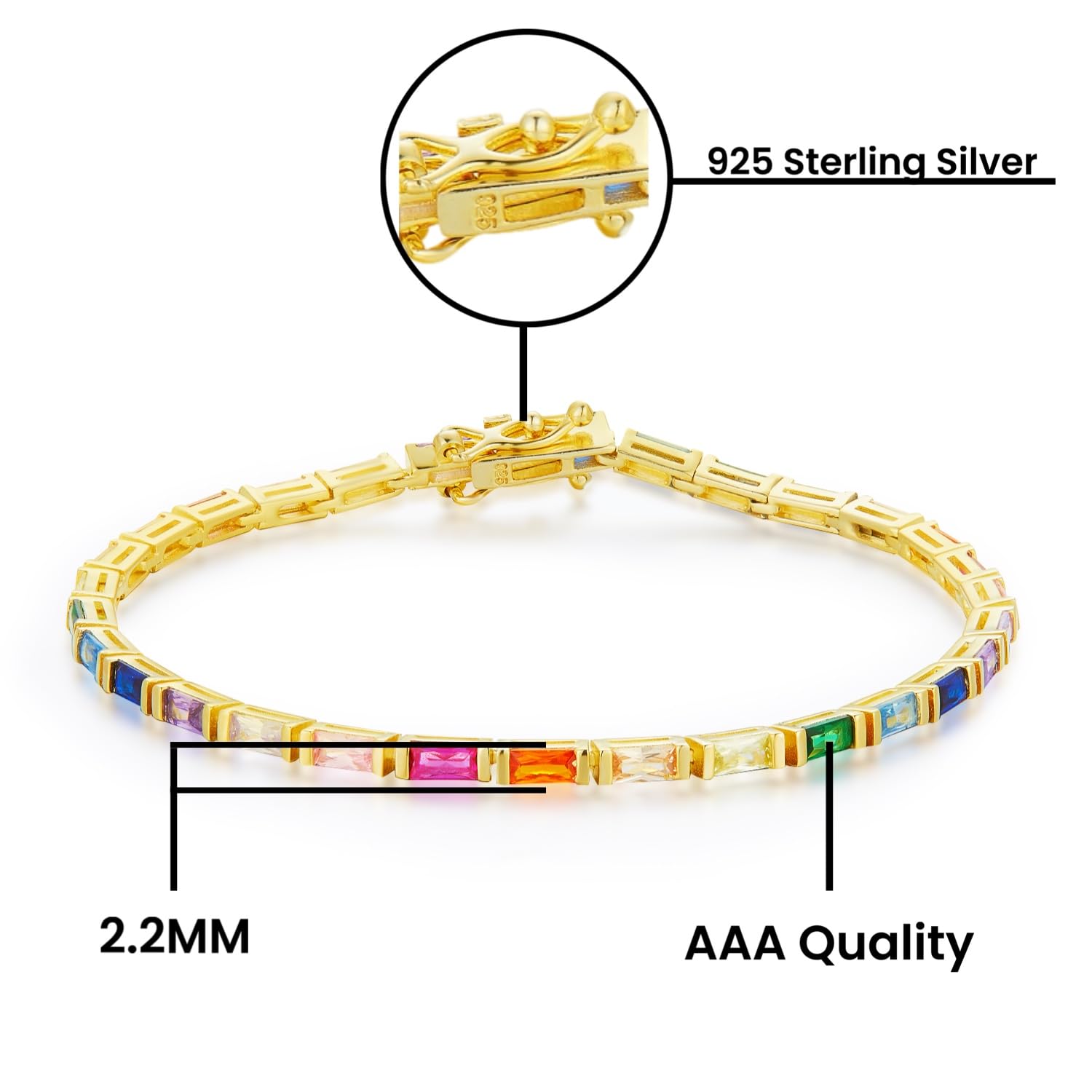 AFFY 14k Yellow Gold Plated 925 Sterling Silver Colourful Bar Setting Rainbow Baguette Sparkling Multi Color Sapphire Gemstone Tennis Bracelet, Jewelry for womens - 6.5" L