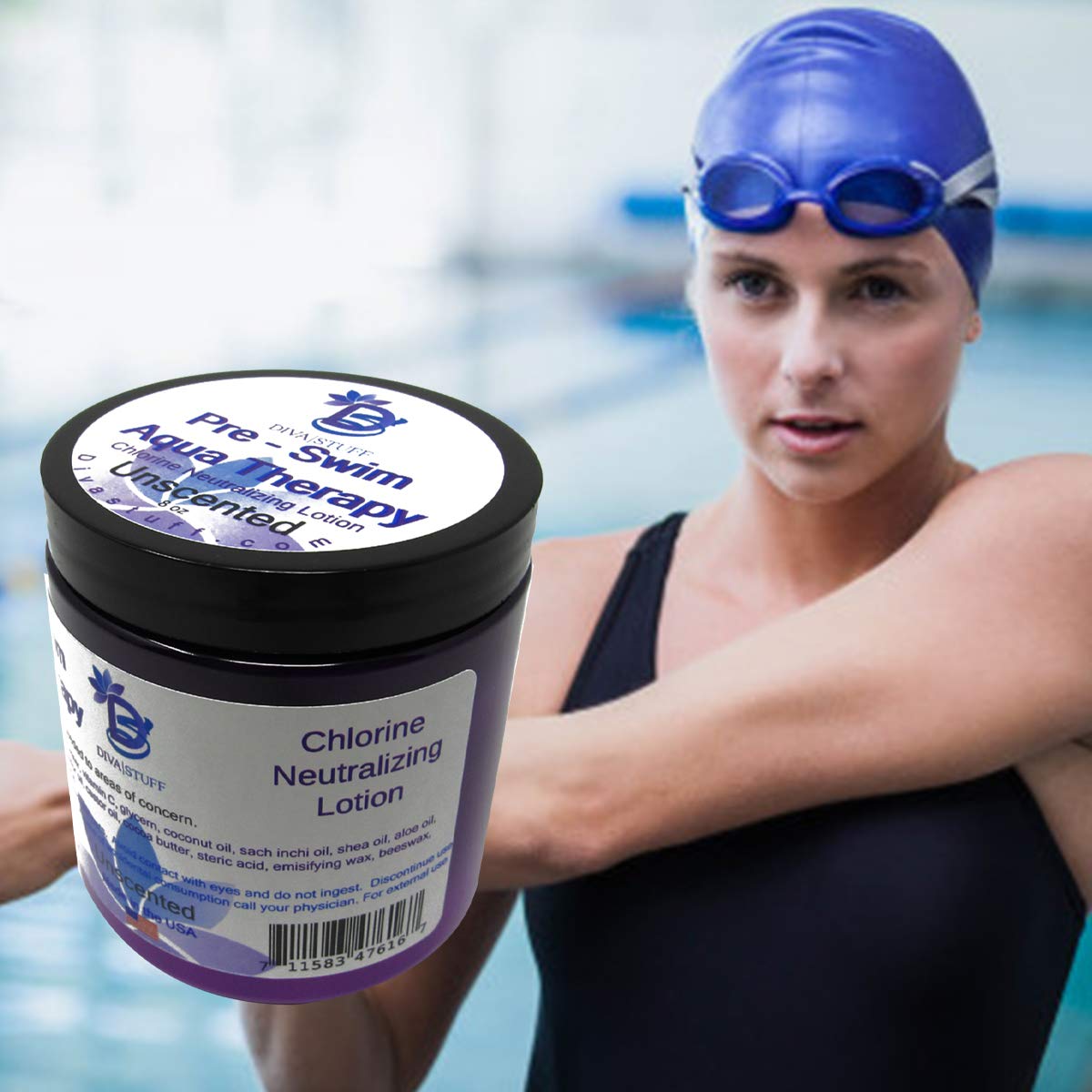 Diva Stuff Pre-Swim Aqua Therapy Chlorine Neutralizing Body Moisturizing Lotion for Swimmers, Protects Skin from Chlorine & Salt Water, 8 oz - Made in the USA, Unscented