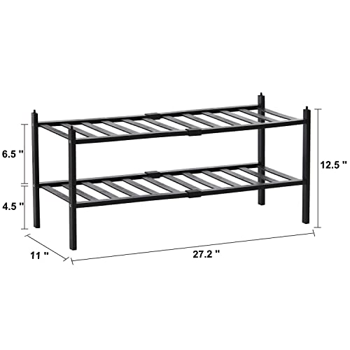 Dikolre Shoe Rack Organizer for Closet Entryway, 2-Tier Bamboo Stackable Shoe Rack Small Shoe Storage for Dorm Front Door Wooden Shoe Shelf, Black Brown