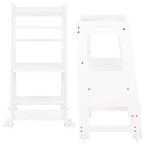ELIMMAR Toddler Standing Tower - Wooden Learning Tower for Children - 5-Level Adjustable Height, Non-Slip Steps & Feet Pads, Silicone Mat, 2 Safety Bars - Helper Stool for Kids - White, 16x15.7x35.4