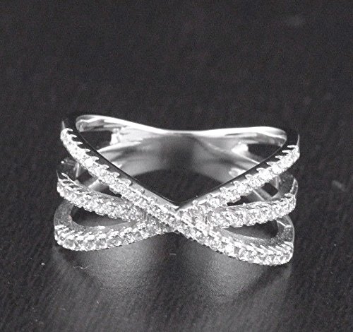 925 Sterling Silver Triple X Crisscross Ring micro pave Clear CZ accent Ring, Size-10
