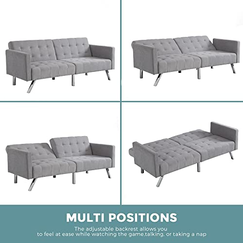 75"Convertible Folding Futon Sofa Bed,Split Back Design,Modern Fabric Sleeper Couch Bed with Armrest and Chrome Legs,Upholstered Recliner Loveseat for Living Room Apartment Dorms Office (Light Grey)