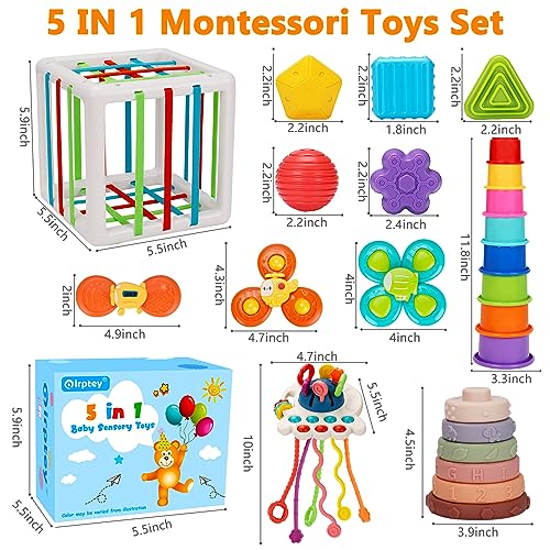 5 in 1 Baby Montessori Toys, Sensory Bin Pull String Teething Toy 0-6 to 12 Month Suction Cup Spinner Infant Travel Bath Toy 6 7 8 18 M+ Soft Stacking Cups Rings Learning Activity Toddler 0-2 Gift Set
