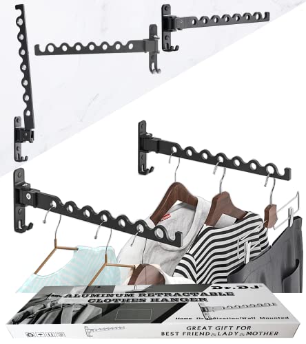 Dr.DJ Wall Mount Coat Hanger Rack, Laundry Clothes Drying Organizer Rack Garment Hooks Aluminium Retractable Folding Indoor Wall Mounted Hanger Space Saver for Laundry Room Bedroom (2 Racks) Black