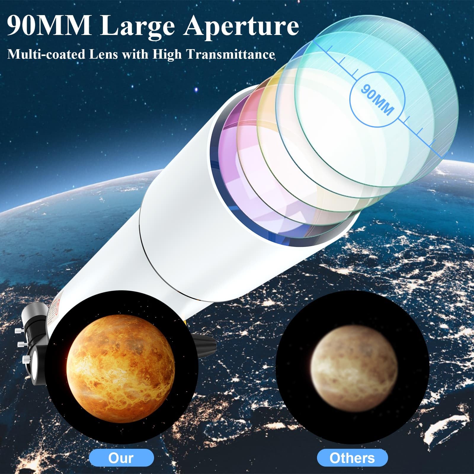 90mm Aperture Telescope for Adults High Powered, 600mm Refracting Multi-Coated Telescope for Adults Astronomy & Kids & Beginners (24X-300X) with Tripod,Carrying Case,Barlow,Phone Adapter