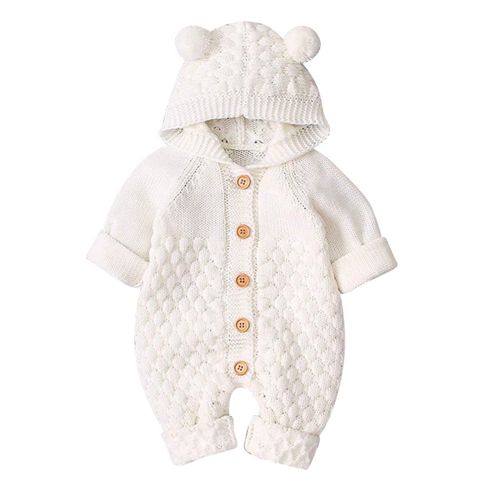 OBEEII Newborn Baby Girls Boys Romper Solid Ribbed Long Sleeve Jumpsuit One Piece Outfits Fall Winter Off White 0-6 Months