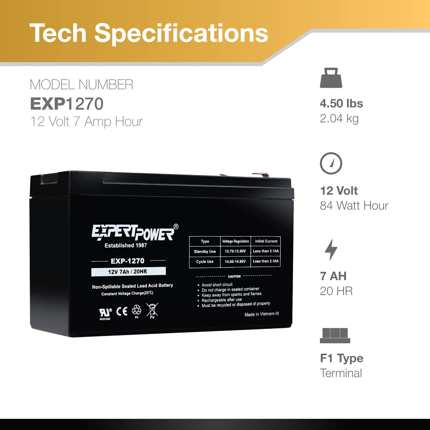 ExpertPower® 12v 7ah Rechargeable Sealed Lead Acid Battery || EXP1270|| Replaces APC Back-UPS ES 500 VA, BE500C, BE500U (4 Pack)