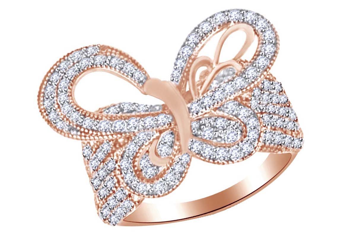 AFFY Round Cut White Cubic Zirconia Butterfly Fashion Ring in 14k Rose Gold Over Sterling Silver (2.19 Cttw) Ring Size-7