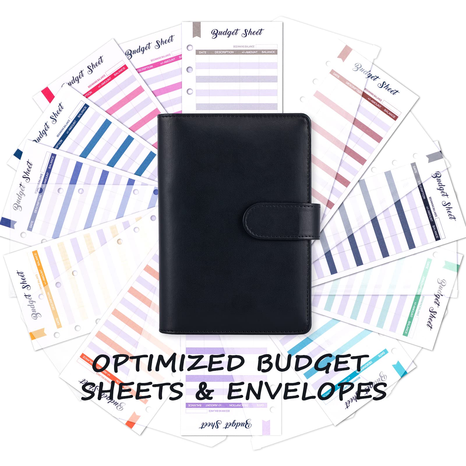 A6 Budget Binder with 8pcs Zipper Cash Envelopes, Pu Leather Cash Organizer for Money Saving with 12pcs Bill Budgeting Sheets Black
