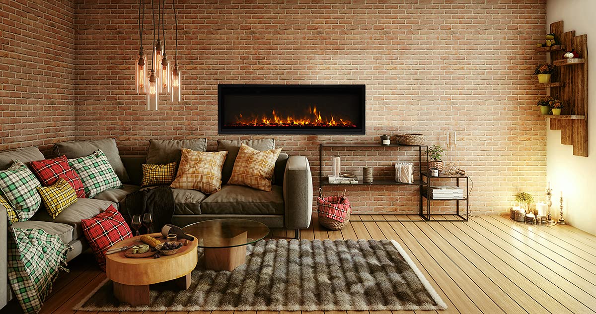 60" Extra Slim Indoor Only Electric Fireplace with Black Steel Surround