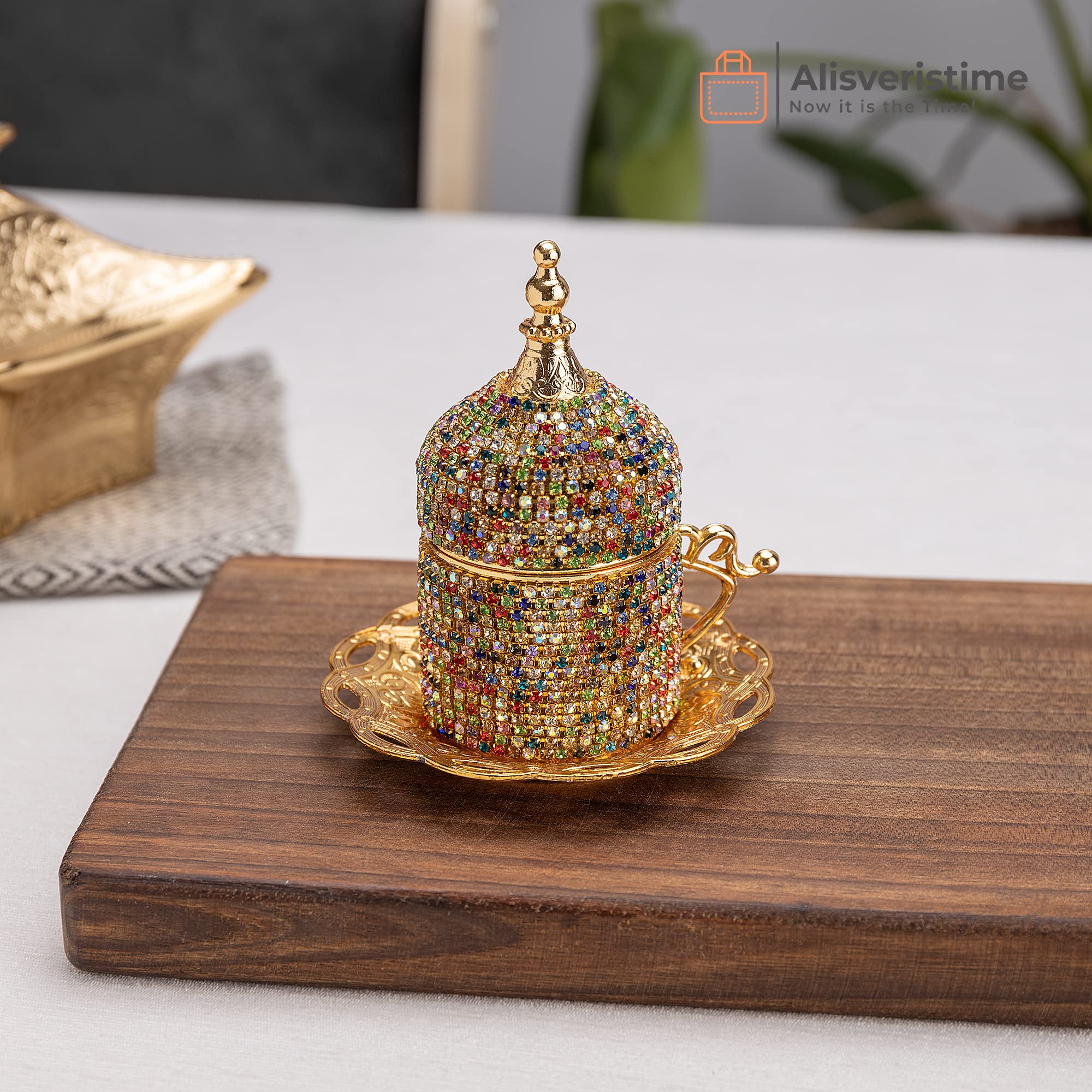 Alisveristime Crystal Embellished Turkish Coffee Set – 27 Pieces – Decorative Zamac Espresso Cups, Saucers and Sugar Bowl with Tray – Available in Three Color Variations (Multi)