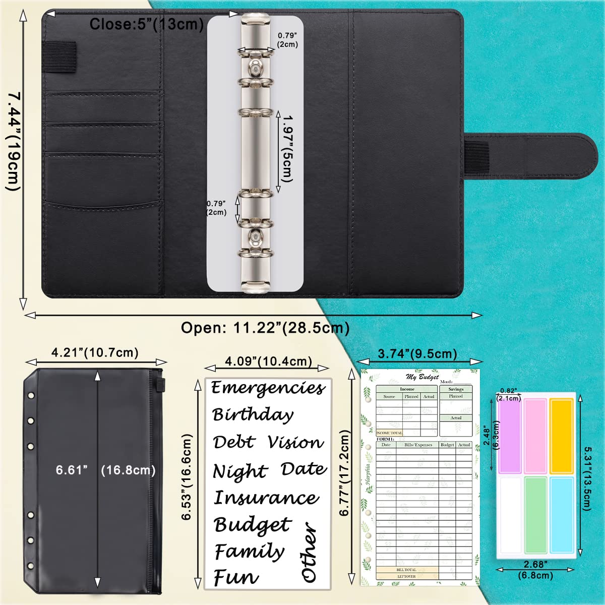 A6 Money Organizer, 6-Ring Budget Planner kit with envelopes, Budget Refill, Matched Stickers and Labels, 7.4"x 5.71" (Harphia, 146-silver)